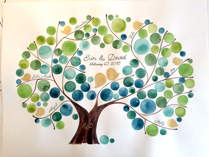 Family Tree original watercolor painting silver or gold pigment colors ...